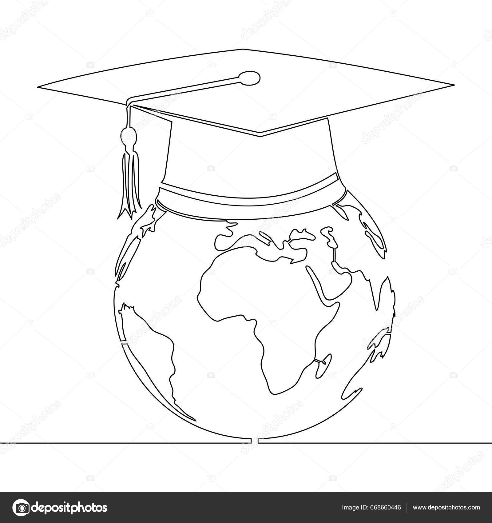Continuous One Single Line Drawing Graduation Cap Planet Earth Learning ...