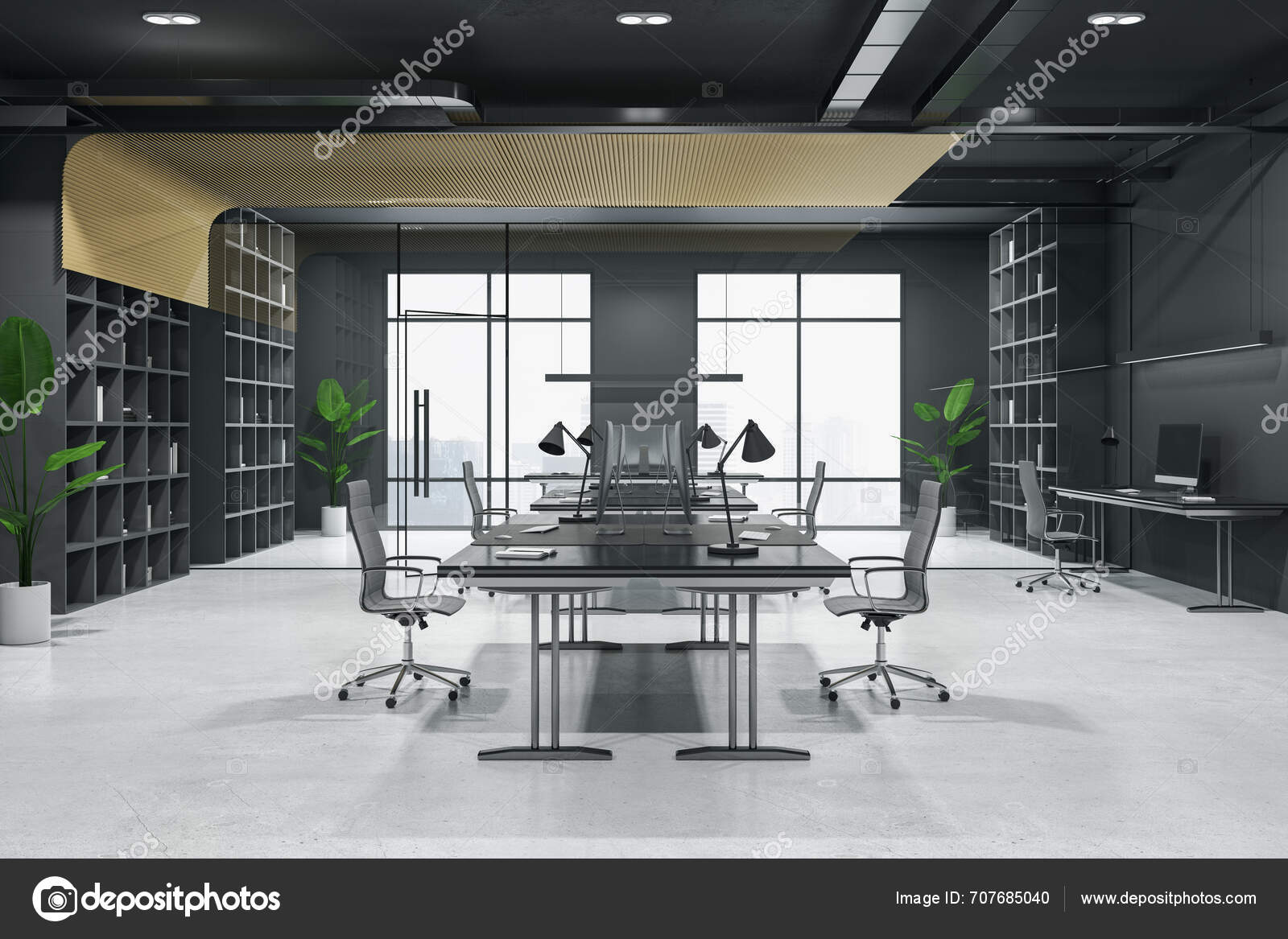 Side View Modern Minimalistic Design Coworking Office Dark Walls ...
