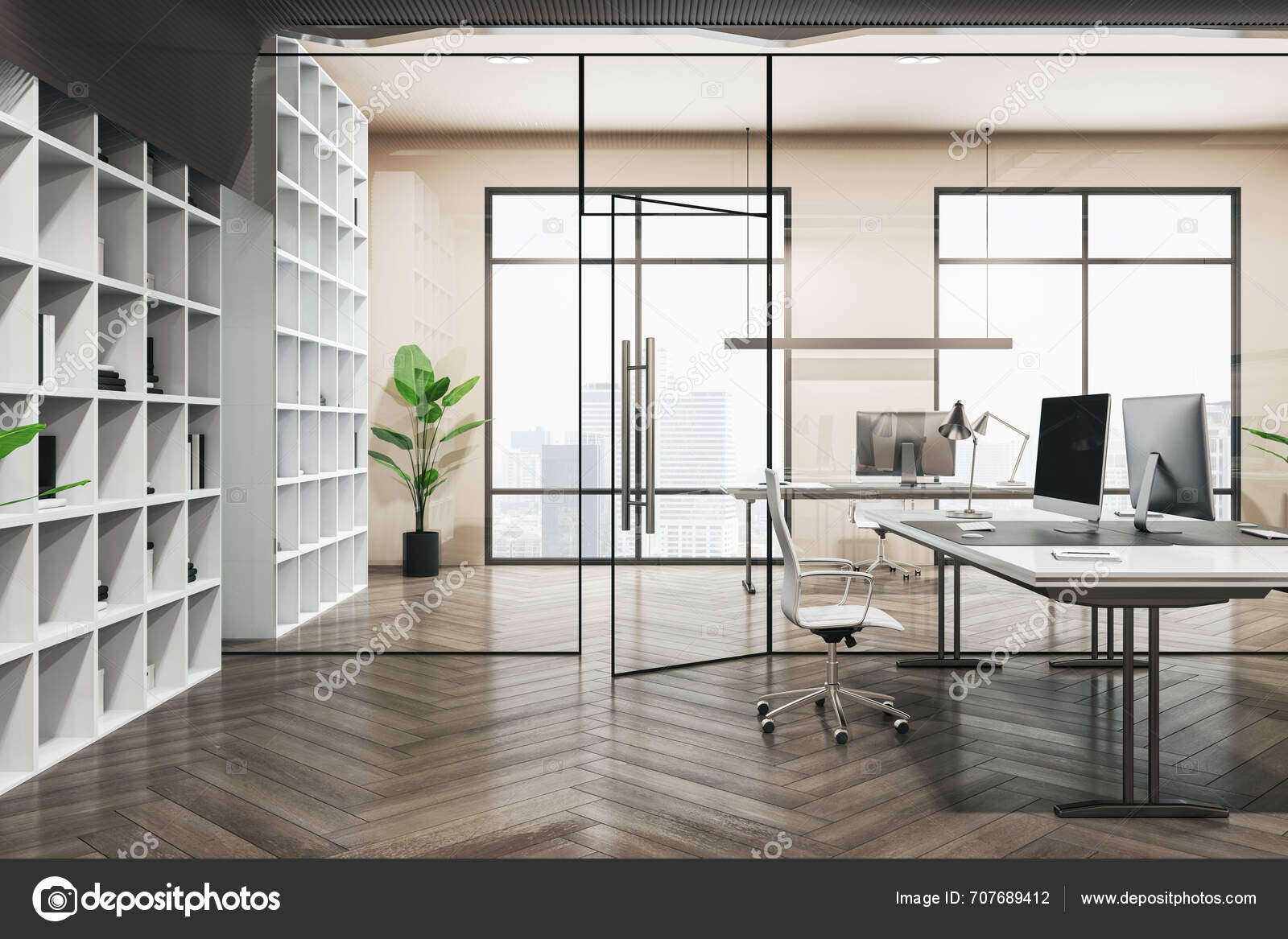 Front View Glass Door Spacious Office Modern Computers White Table ...