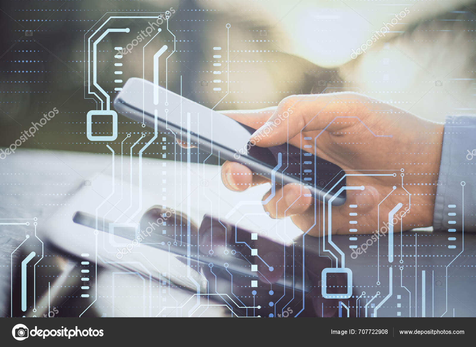 High Tech Sensor Circuit Board Panel Close Businessman Hands Using ...