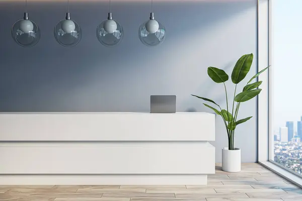 Lobby Moderno Escritório Com Recepção Branca Paredes Concreto Janela ...