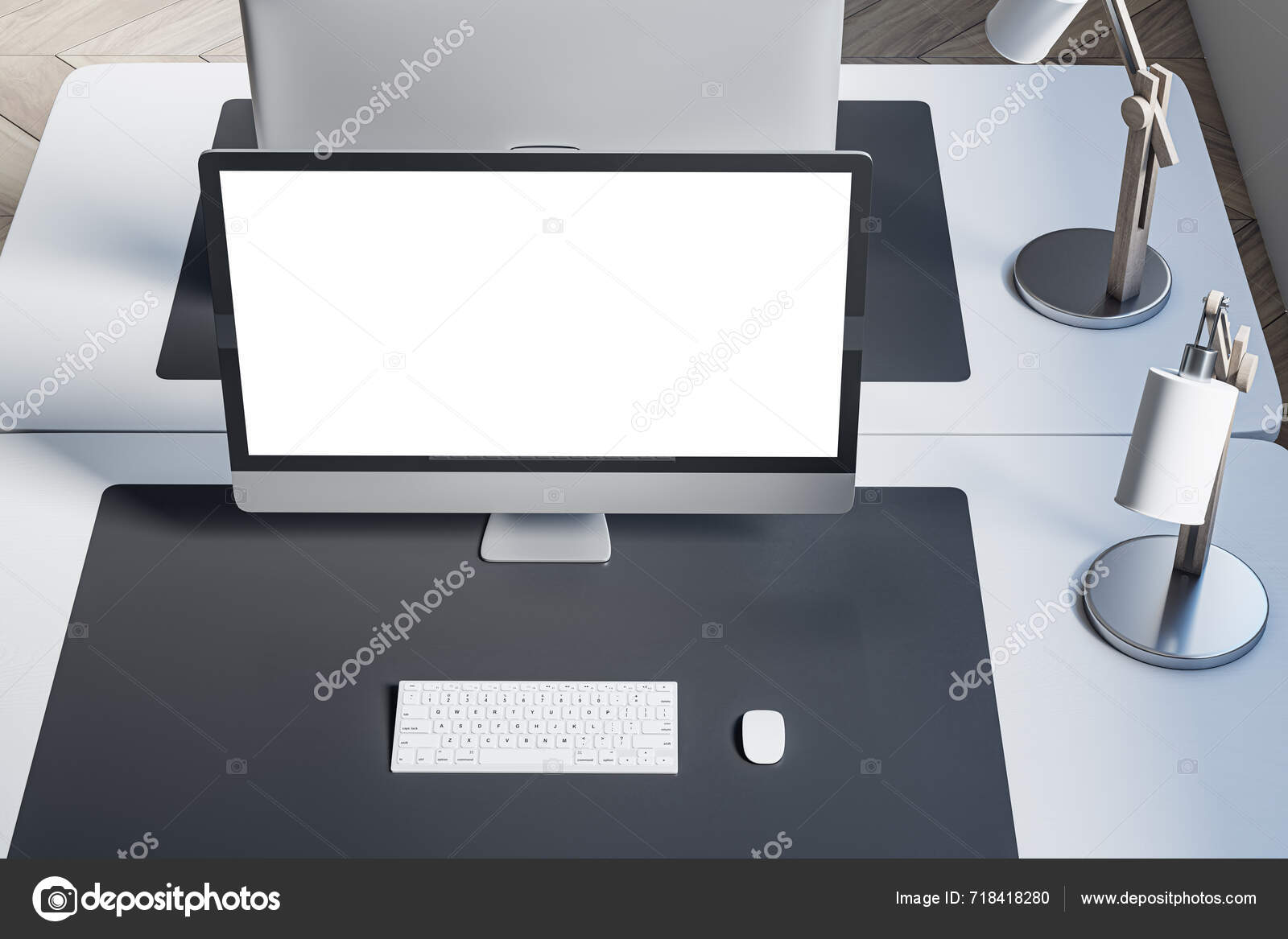 Close View Designer Office Desktop Mock Computer Monitor White Desk ...