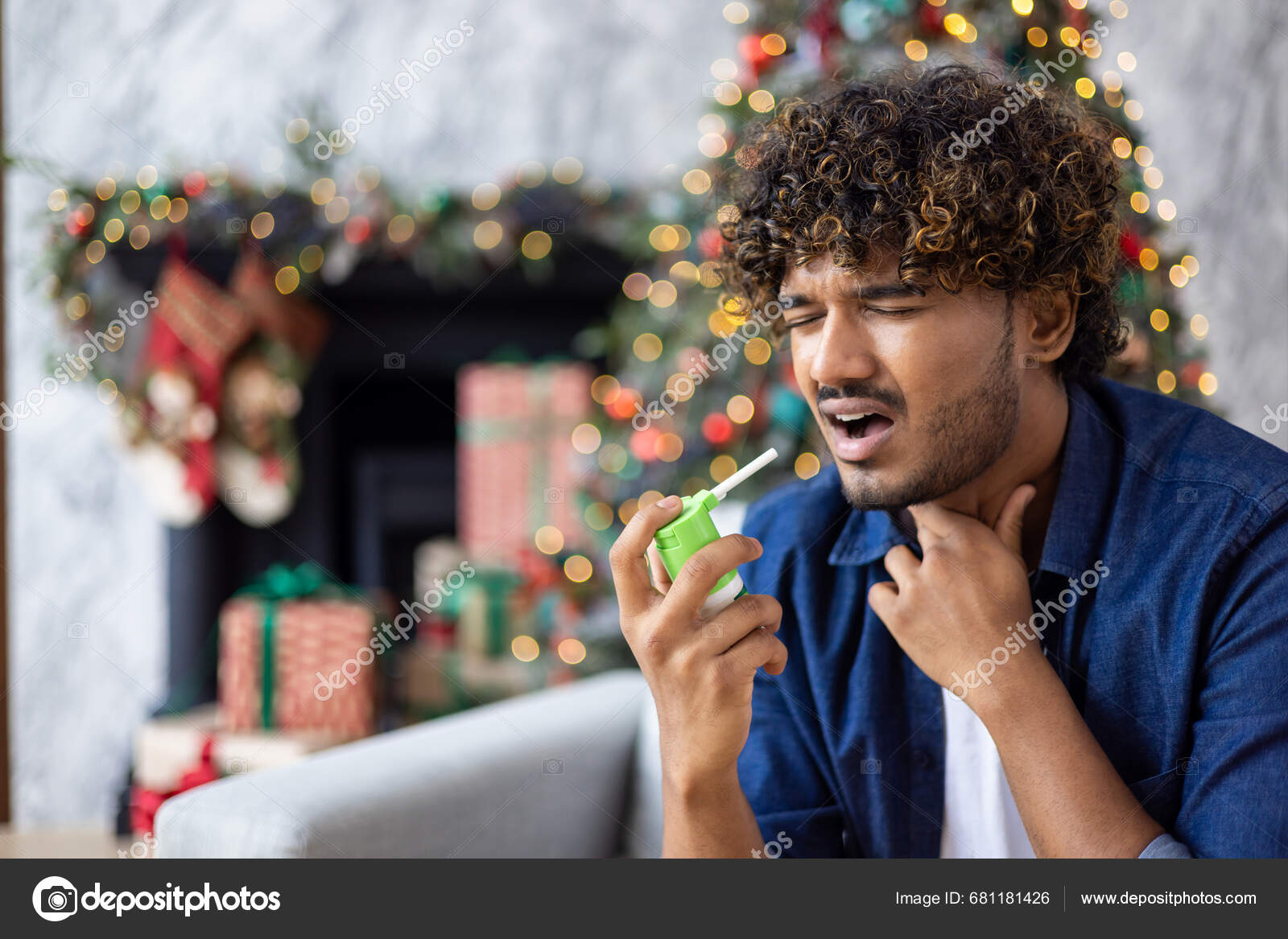 Sore Throat Man Uses Aerosol Oral Cavity Relieve Sore Throat Stock