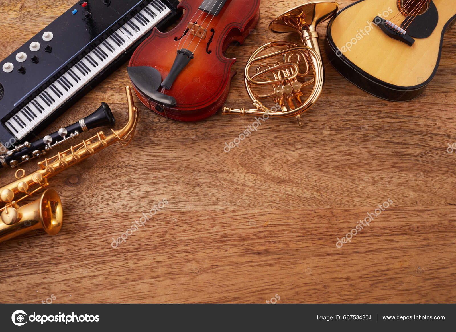 Frame Different Musical Instruments Wooden Background — Stock Photo ...
