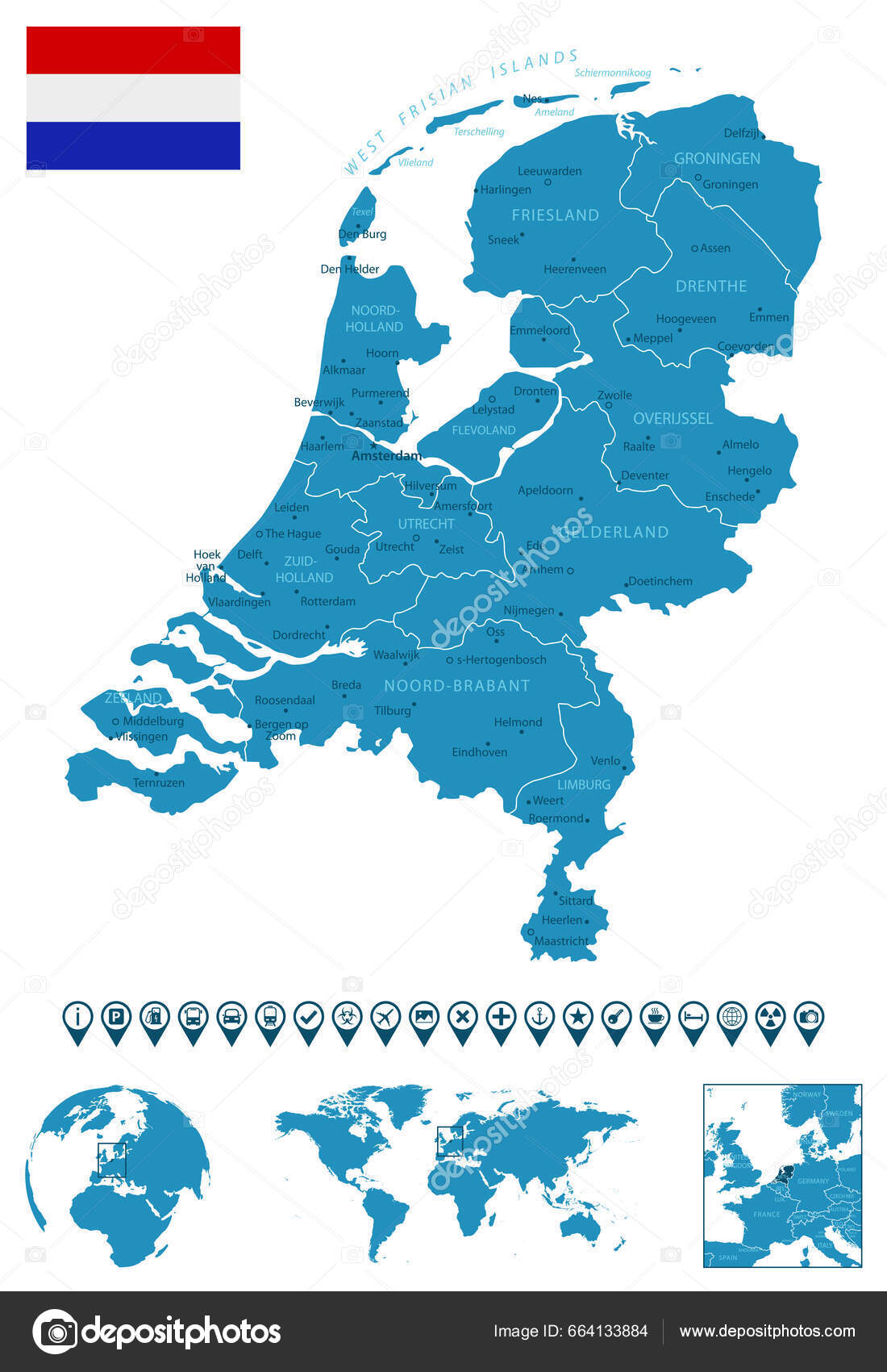 Holanda Mapa Detalhado País Azul Com Cidades Regiões Localização Mapa ...