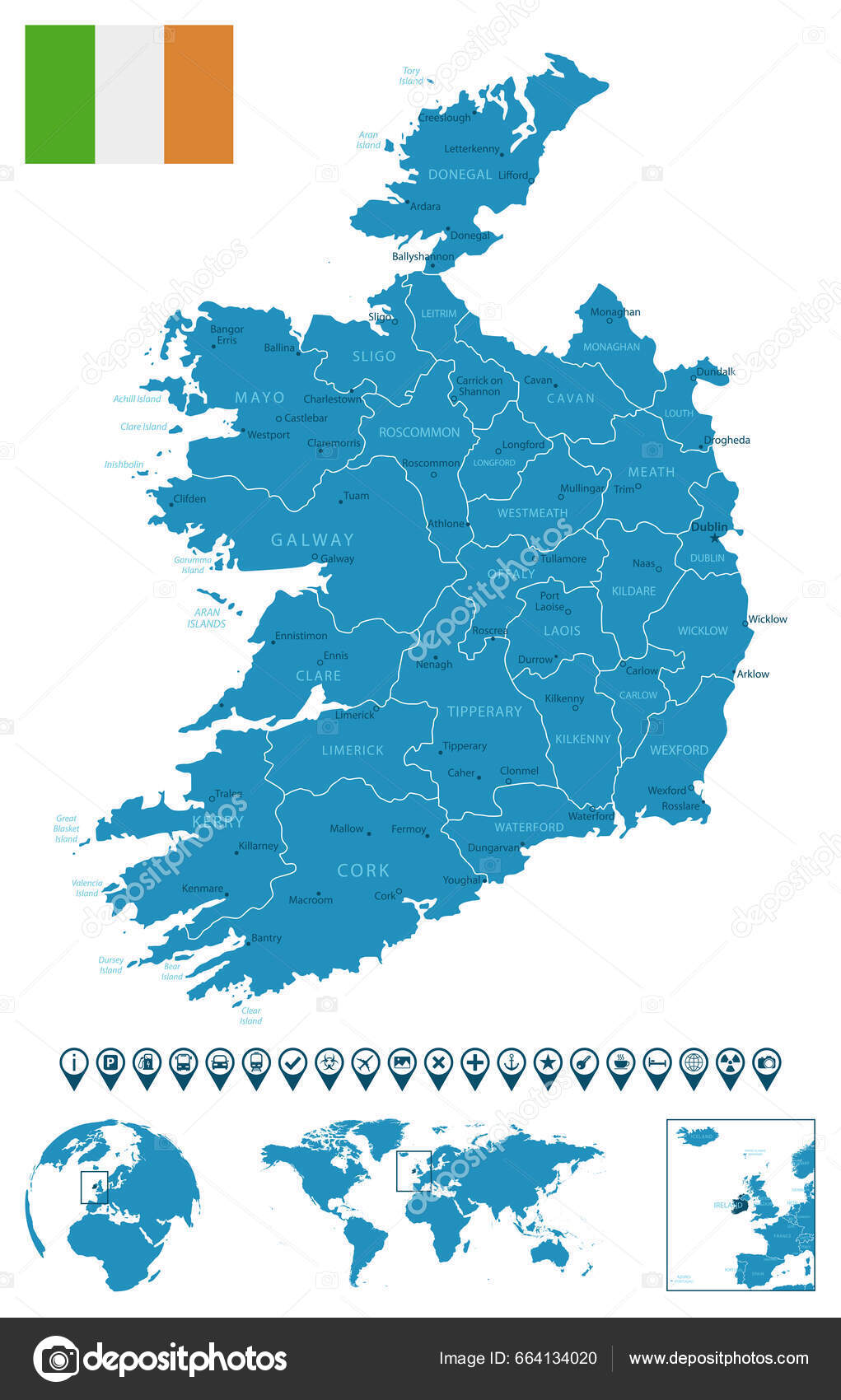 Irlanda Mapa Detallado Del País Azul Con Ciudades Regiones Ubicación ...