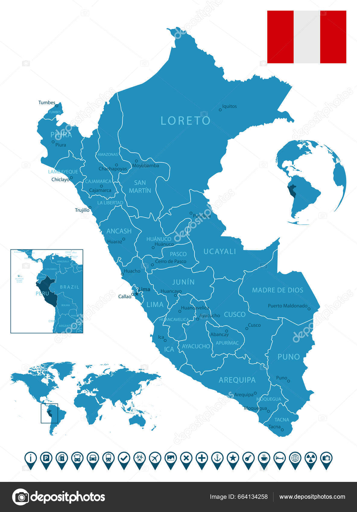 Perú Mapa Detallado Del País Azul Con Ciudades Regiones Ubicación ...