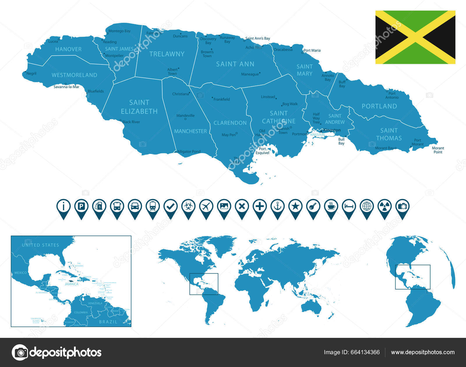 Jamaica Mapa Detallado Del País Azul Con Ciudades Regiones Ubicación ...