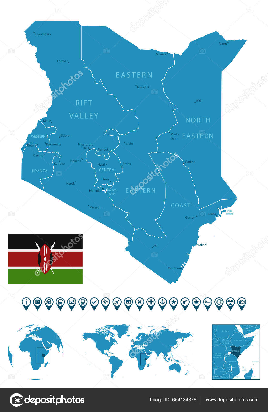 Kenia Mapa Detallado Del País Azul Con Ciudades Regiones Ubicación ...