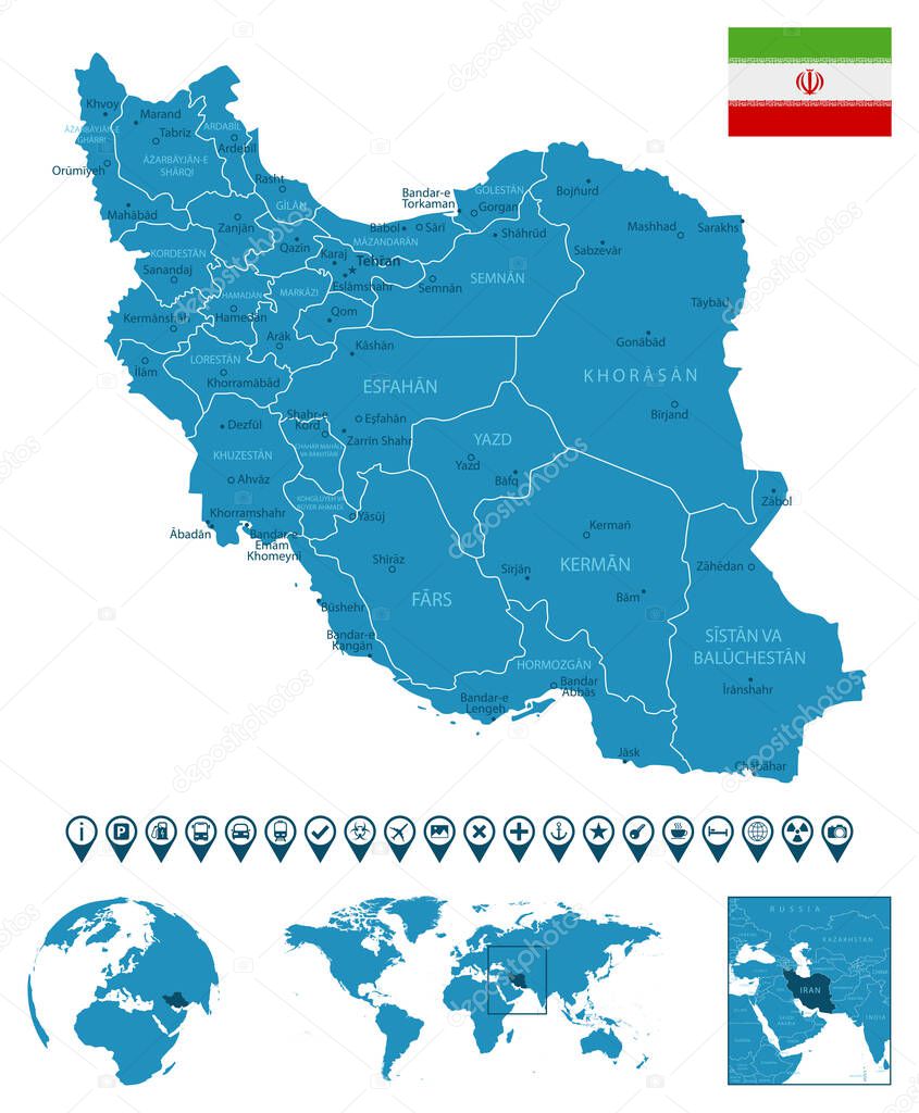 Irán: mapa detallado del país azul con ciudades, regiones, ubicación en ...