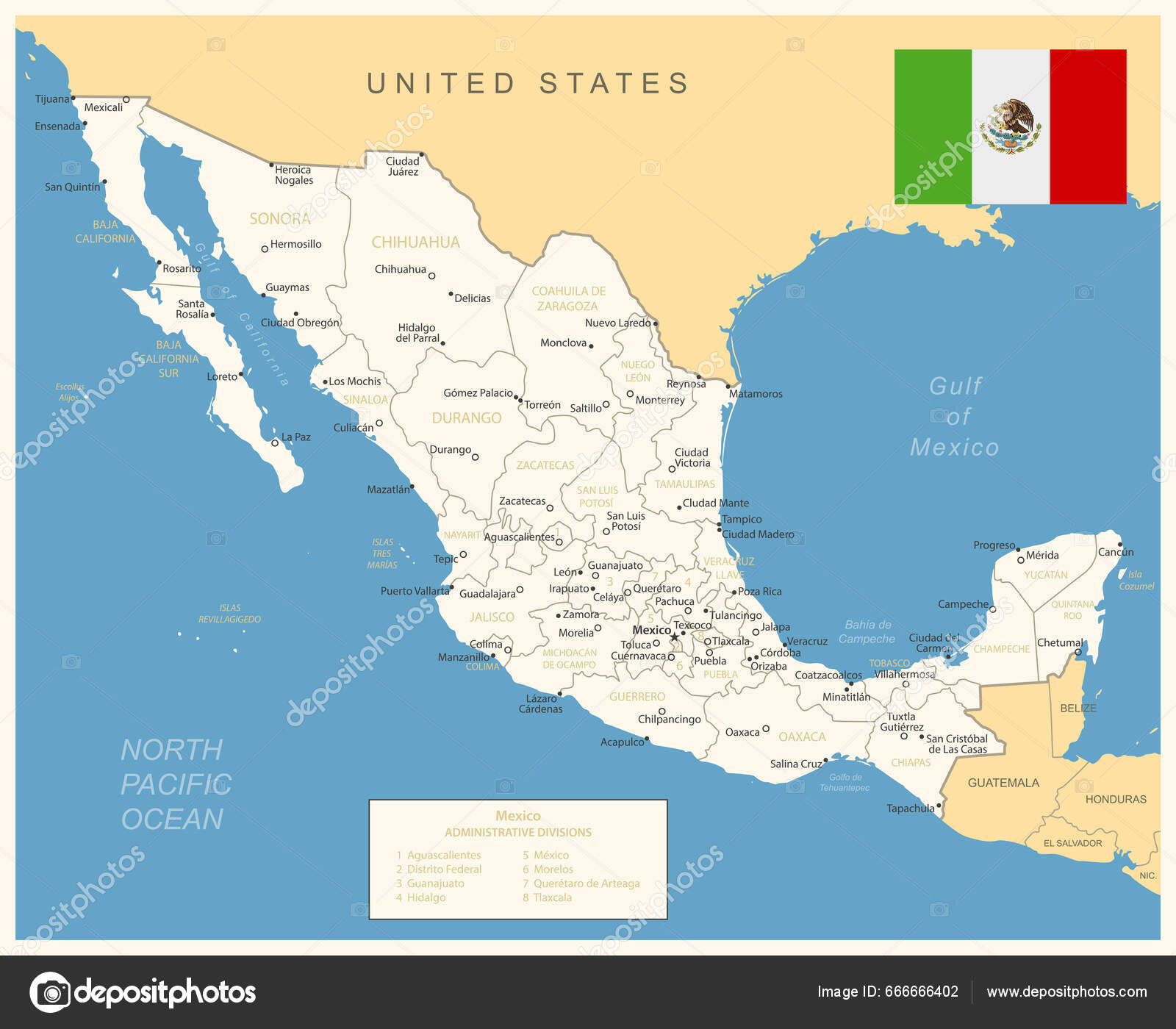 Meksiko Peta Rinci Dengan Pembagian Administratif Dan Bendera Negara ...