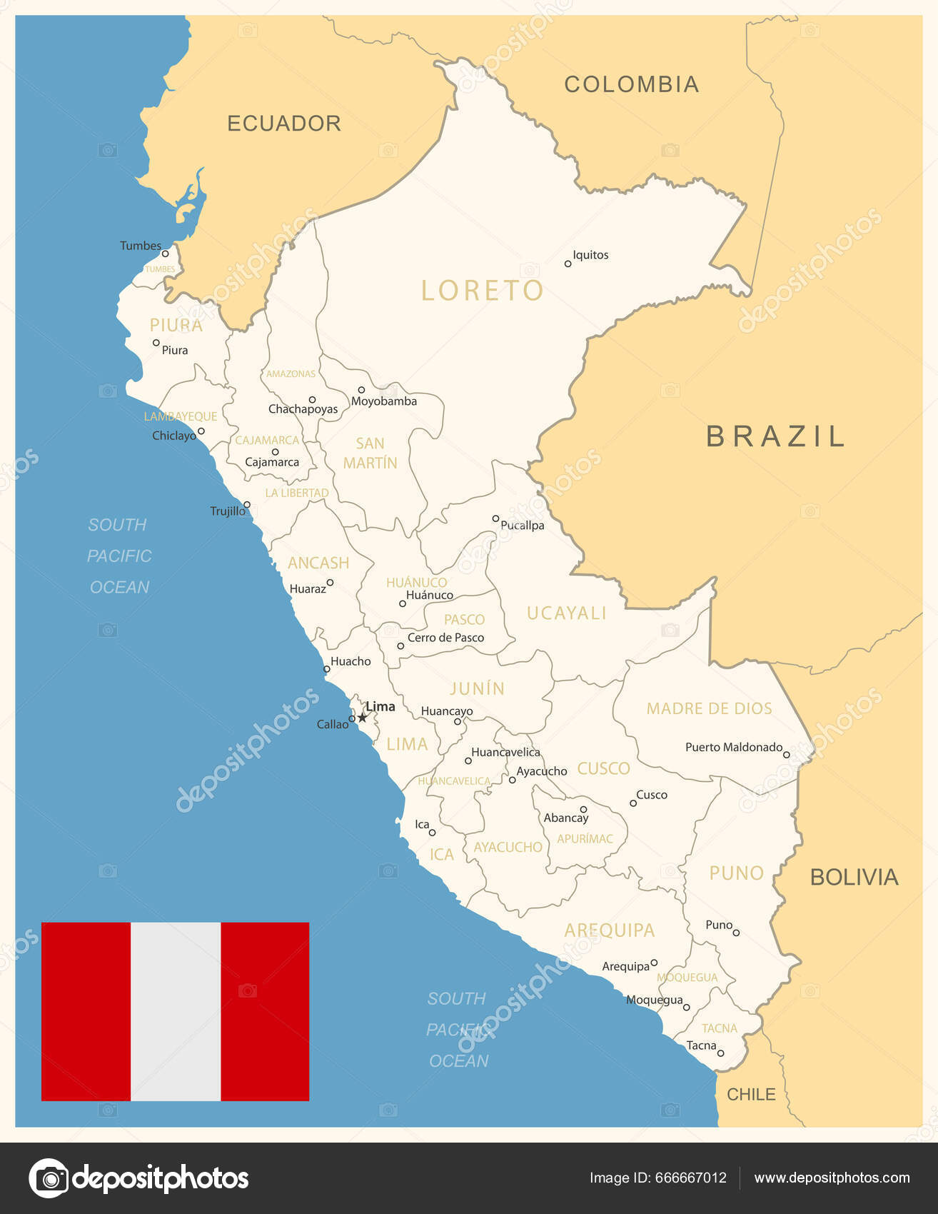 Peru Detailed Map Administrative Divisions Country Flag Vector ...