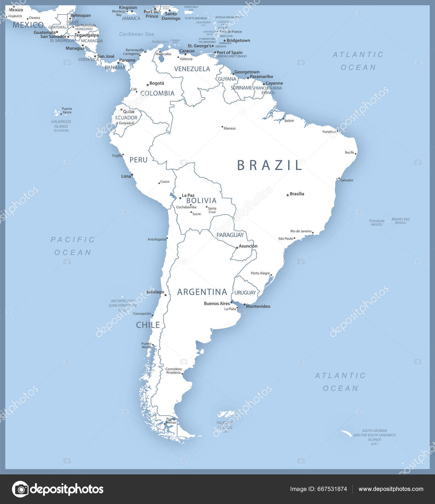Mapa Sudamérica Con Nombres Países Capitales Ciudades Ilustración ...