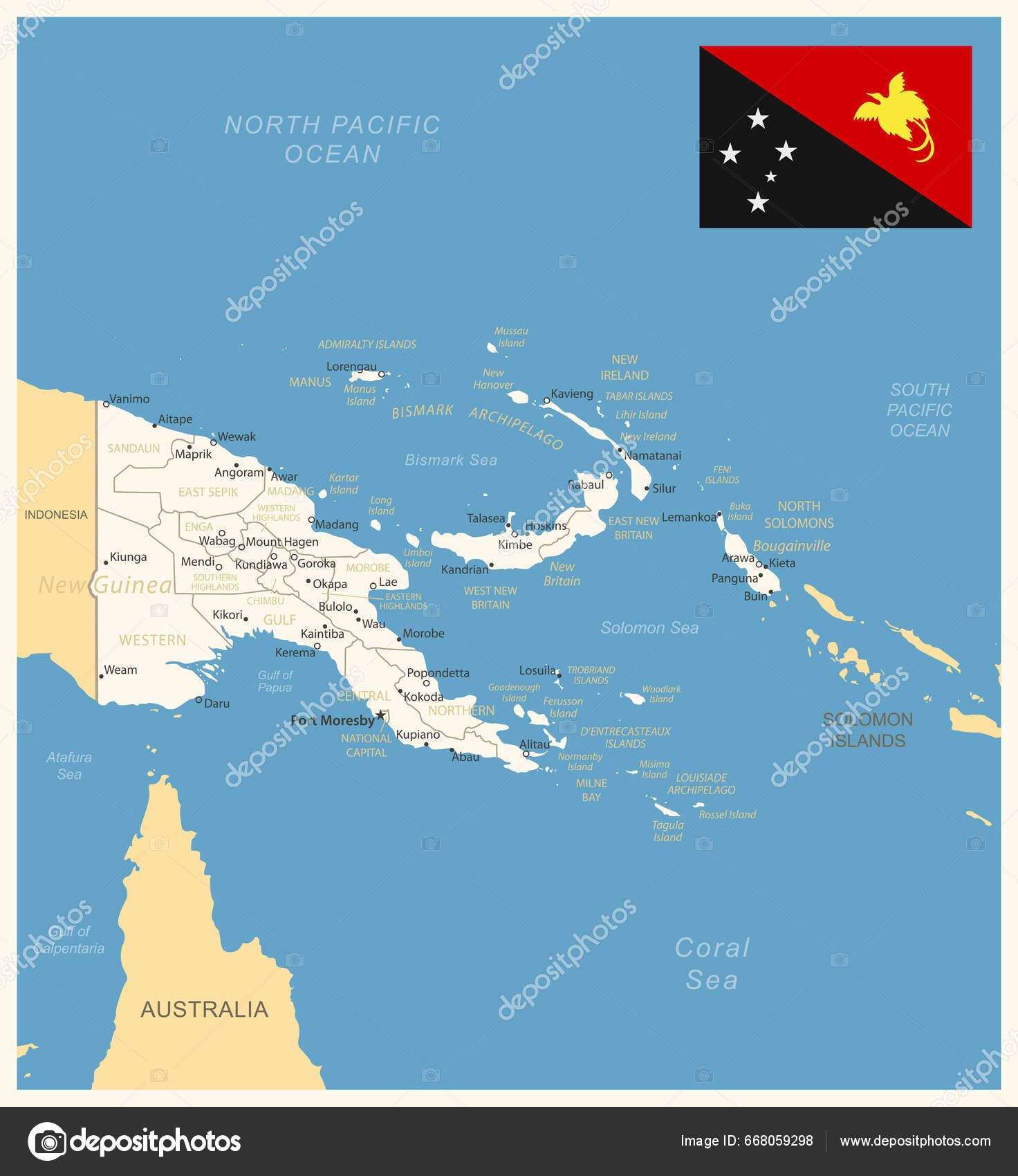 Papua Nová Guinea Podrobná Mapa Administrativními Divizemi Vlajkou Země ...