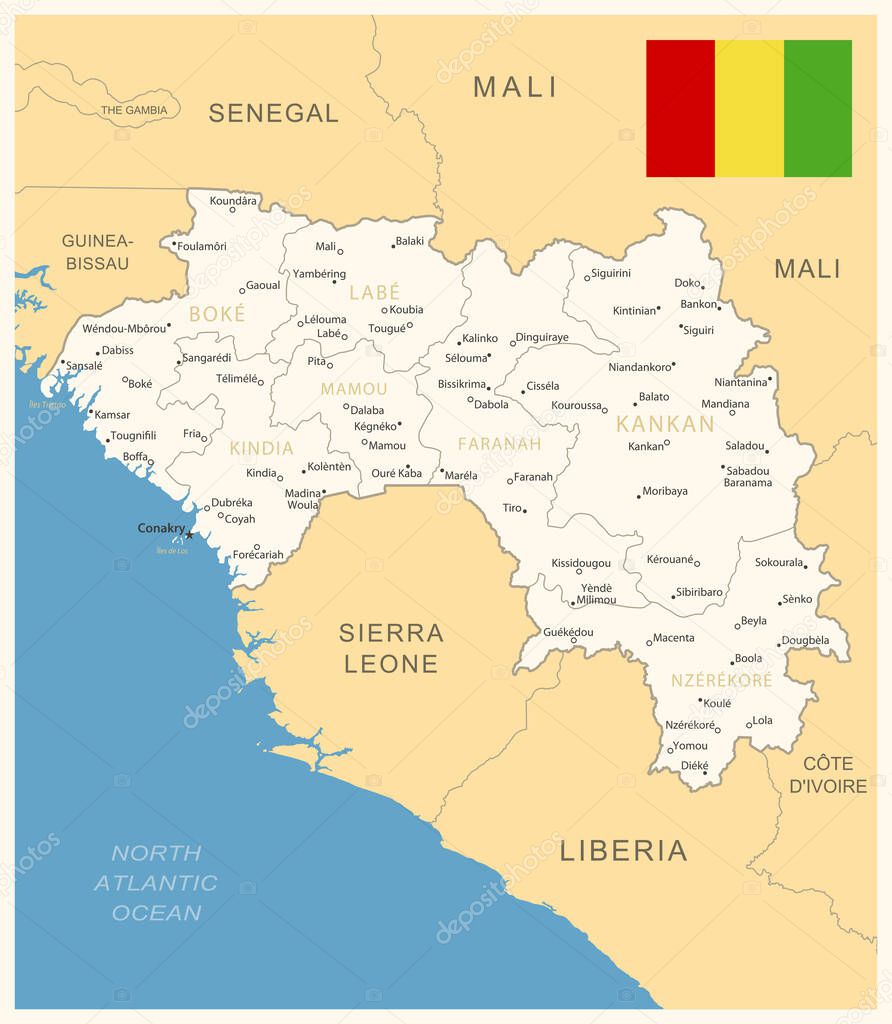 Guinea - mapa detallado con divisiones administrativas y bandera del ...