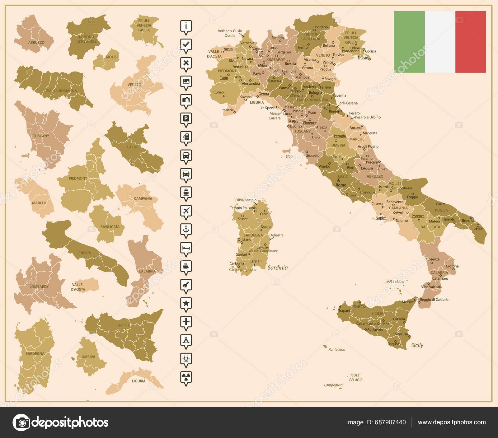 Italia Mapa Detallado Del País Colores Marrones Dividido Regiones ...