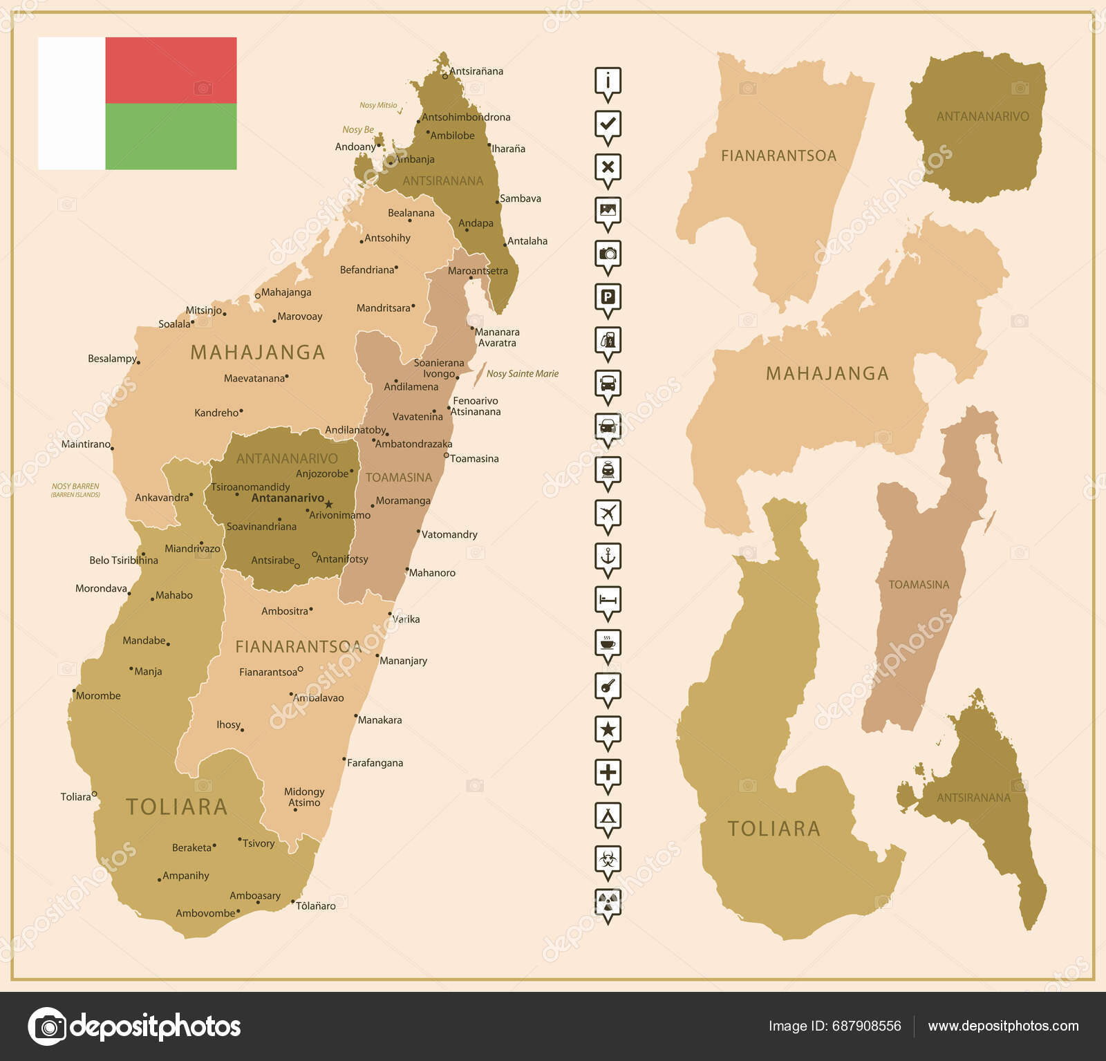 Madagascar Mapa Detallado Del País Colores Marrones Dividido Regiones ...