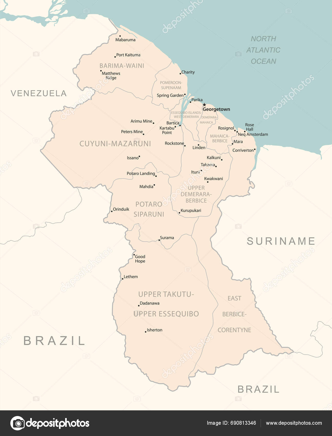Guyana Detailed Map Administrative Divisions Country Vector ...