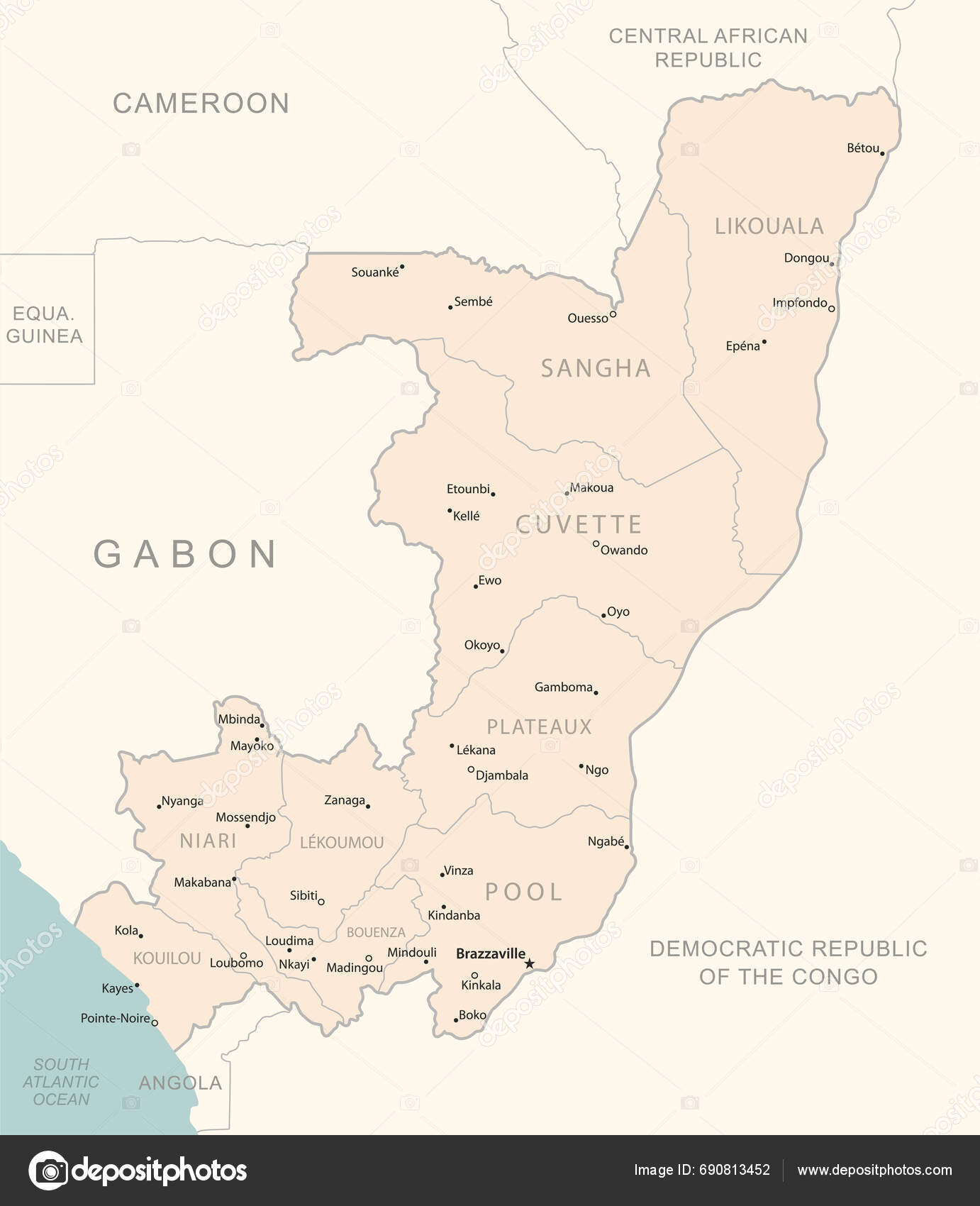 Republik Kongo Peta Rinci Dengan Negara Divisi Administratif Ilustrasi ...