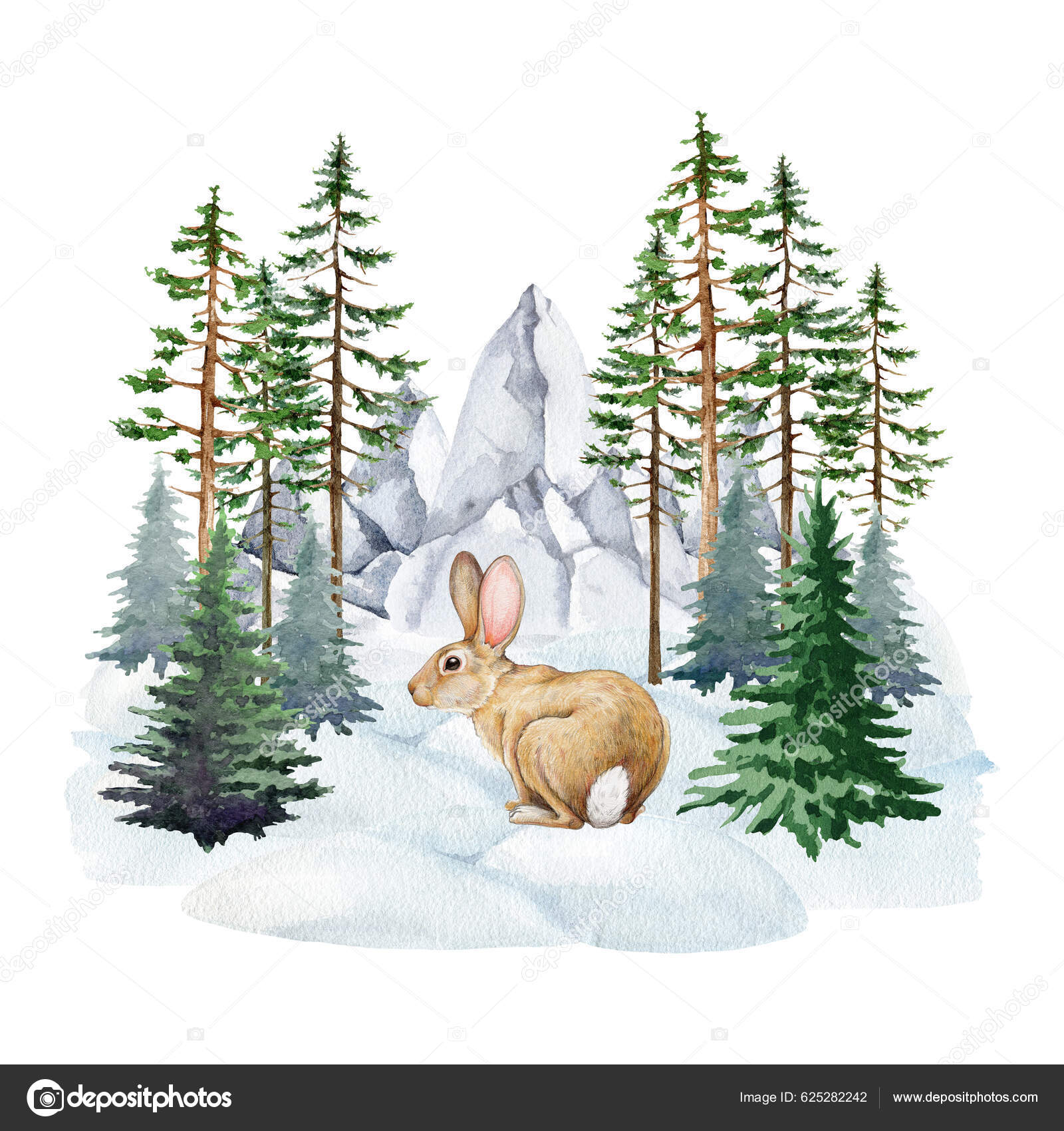 Cute Bunny Winter Forest Landscape Watercolor Illustration Hand Drawn ...