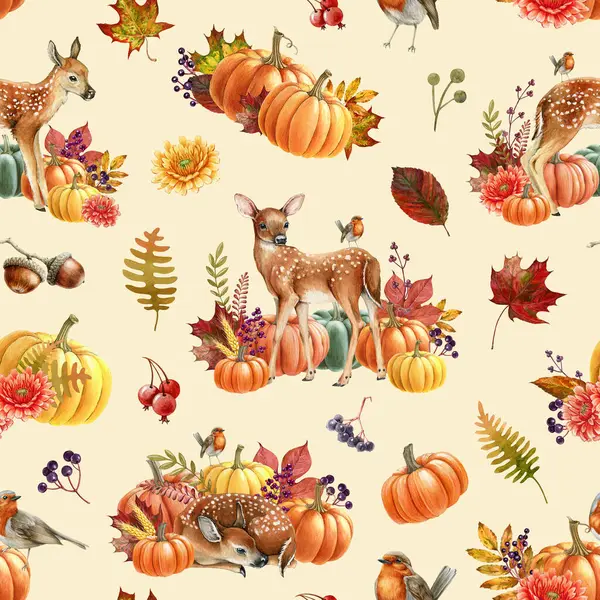Autumn cozy floral seamless pattern with pumpkins, fawn and birds ...