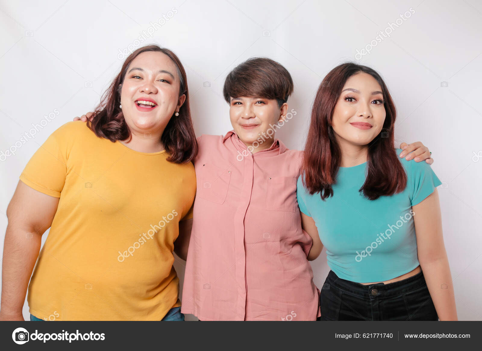 Portrait Three Friends Smiling Expressing Happy Feeling Isolated White ...