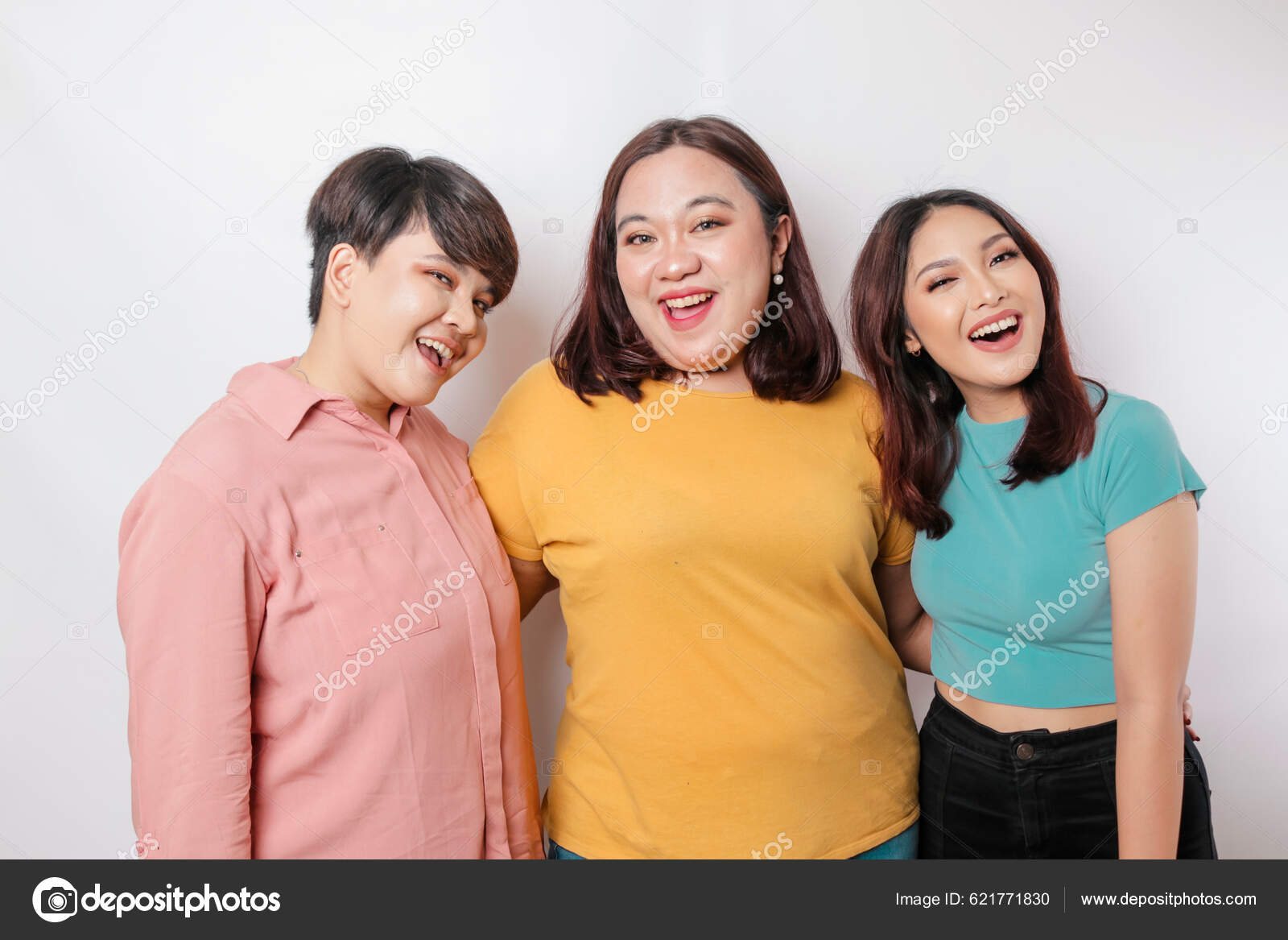 Portrait Three Friends Smiling Expressing Happy Feeling Isolated White ...