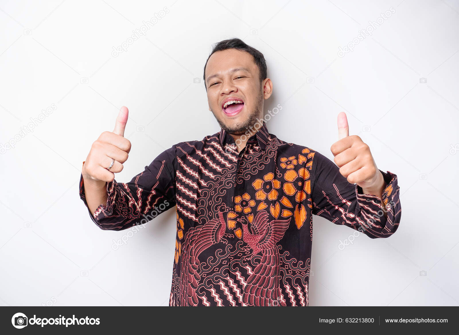 Excited Asian Man Wears Batik Shirt Gives Thumbs Hand Gesture Stock ...