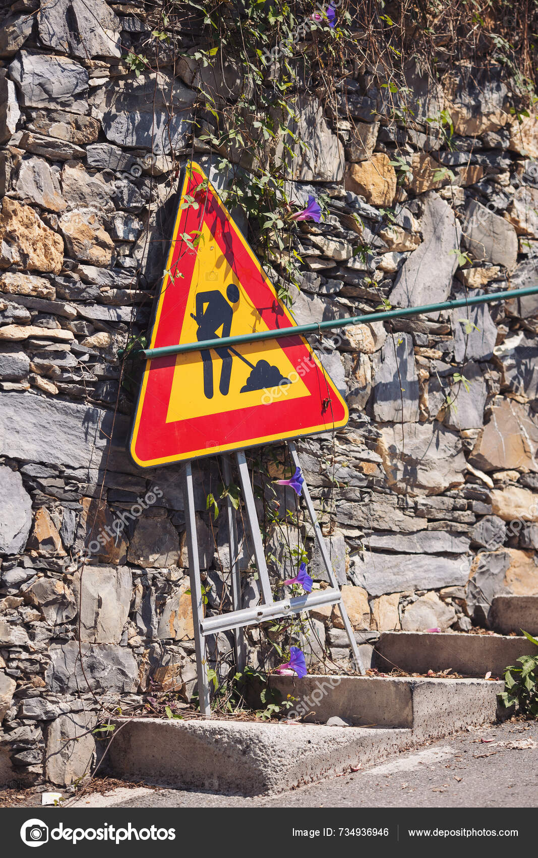 Work Progress Sign Edge Road Triangular Orange Red Black Road — Stock ...