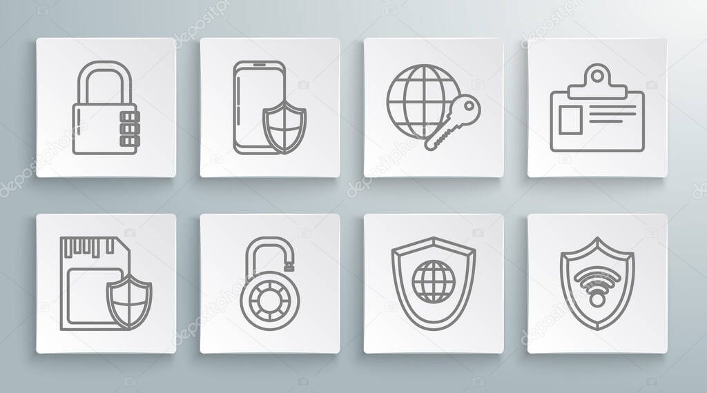 Set line SD card and shield, Smartphone with security, Safe combination lock wheel, Shield world ...