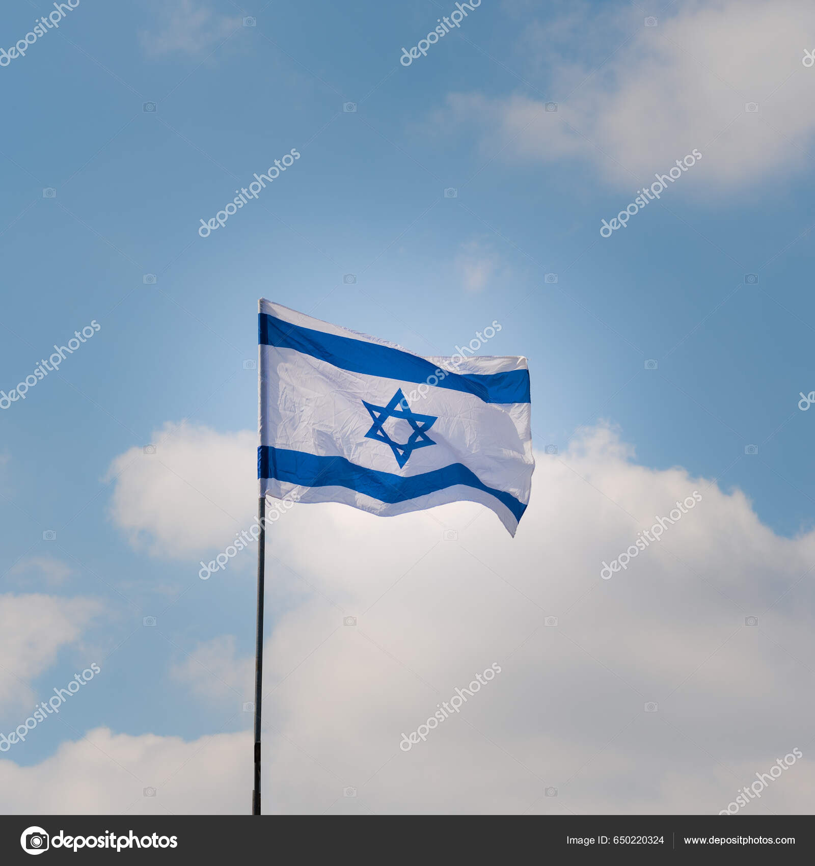 Israeli Flag Waving Wind Blue Sky White Clouds Sunny Day — Stock Photo ...