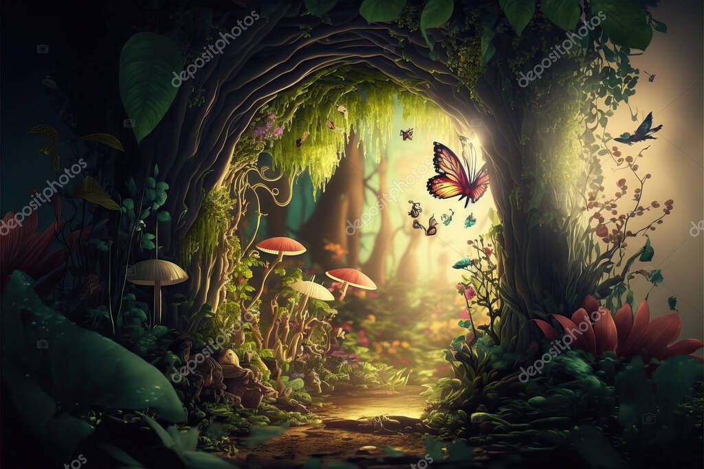 A beautiful fairy tale enchanted forest with big trees, tropical ...