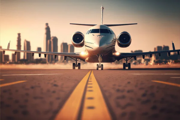 Airplane taxiing on runway threshold for take off or landing on runway with sun shining and ...