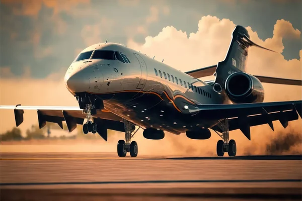 Airplane taxiing on runway threshold for take off or landing on runway with sun shining and ...