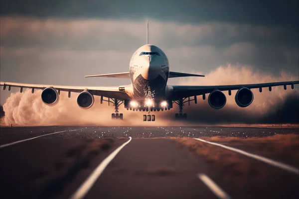 Airplane taxiing on runway threshold for take off or landing on runway with sun shining and ...