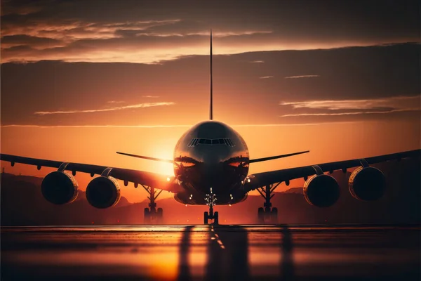 Airplane taxiing on runway threshold for take off or landing on runway with sun shining and ...