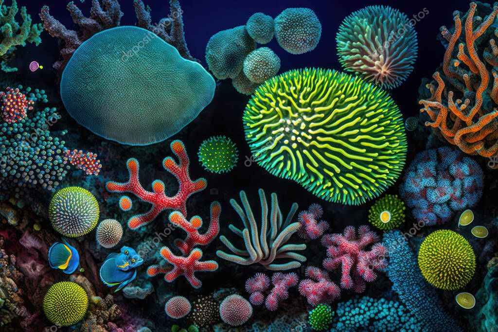 Hermosos corales marinos hermatípicos de varias especies de colores ...