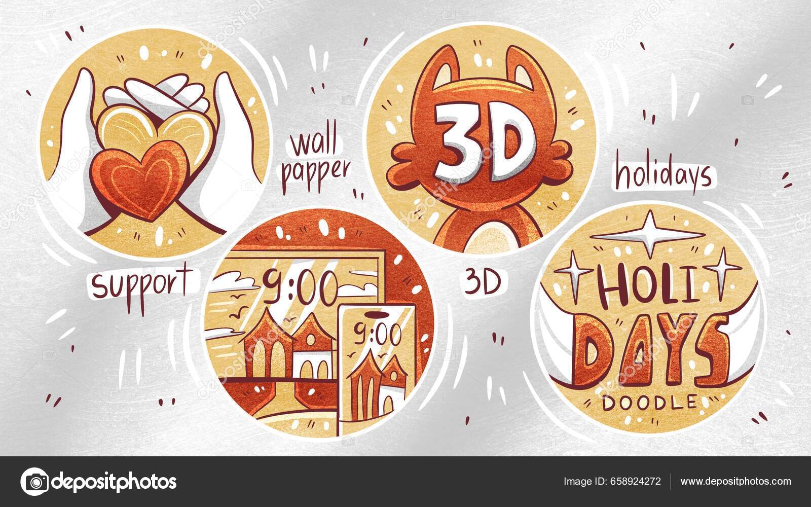 Set Cute Cartoon Icons Support Wallpapers Holidays — Stock Photo ...
