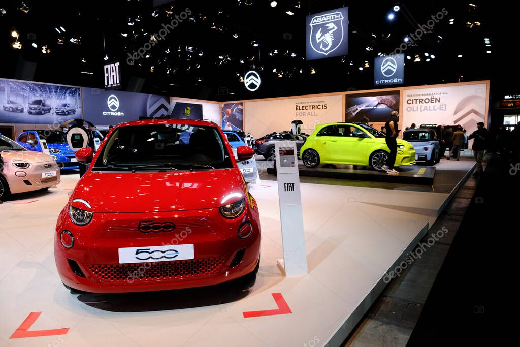 Fiat 500 car on display during the opening of the Brussels Motor Show ...
