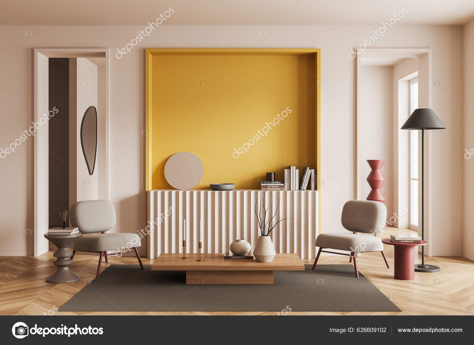 Yellow Relax Room Interior Two Armchairs Coffee Table Carpet Hardwood ...