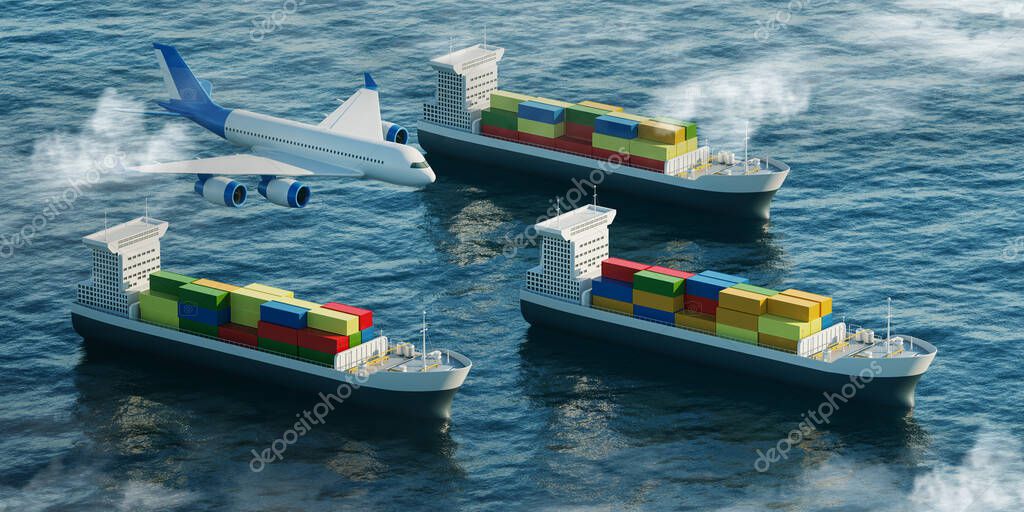 Avión volando y tres grandes barcos de carga moviéndose sobre el agua ...
