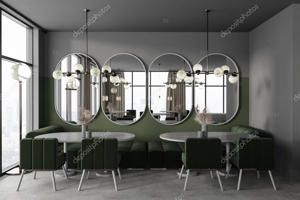 Front view on dark cafe interior with panoramic windows with Paris ...