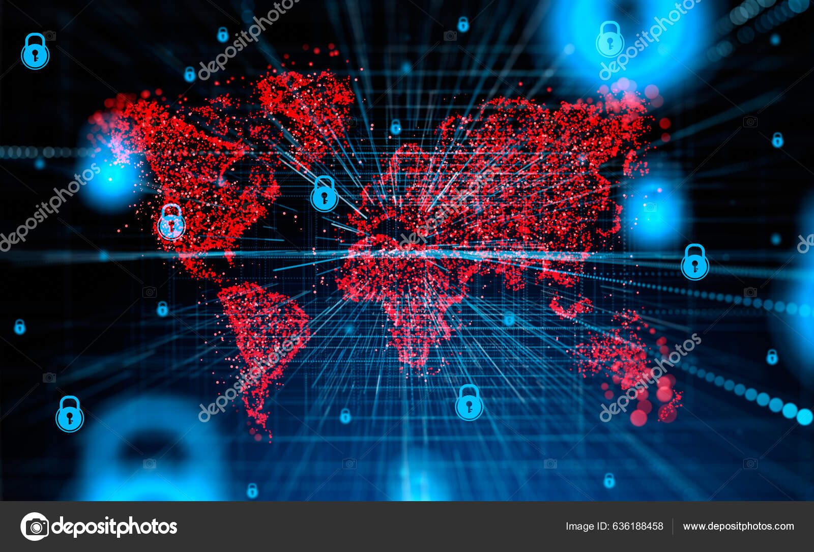 Red World Map Hologram Digital Cybersecurity Glowing Locks Data Storage ...