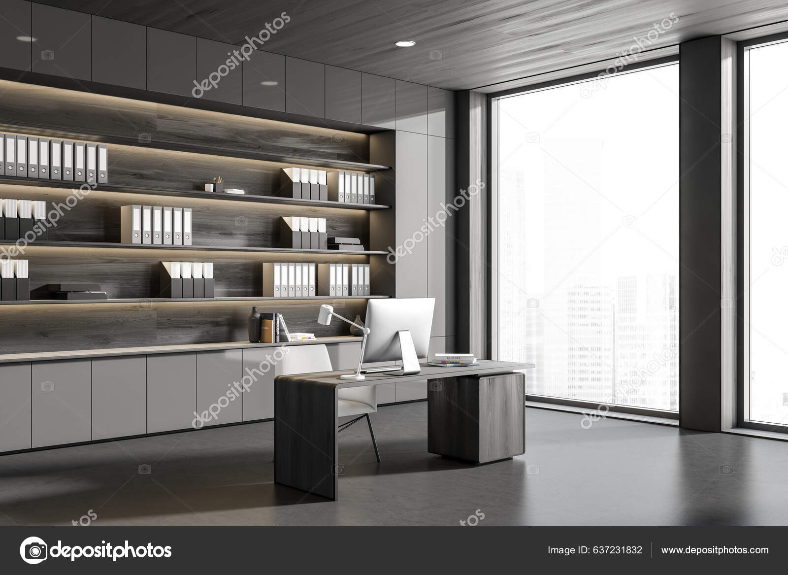 Dark Business Room Interior Computer Side View Grey Concrete Floor — 스톡 ...