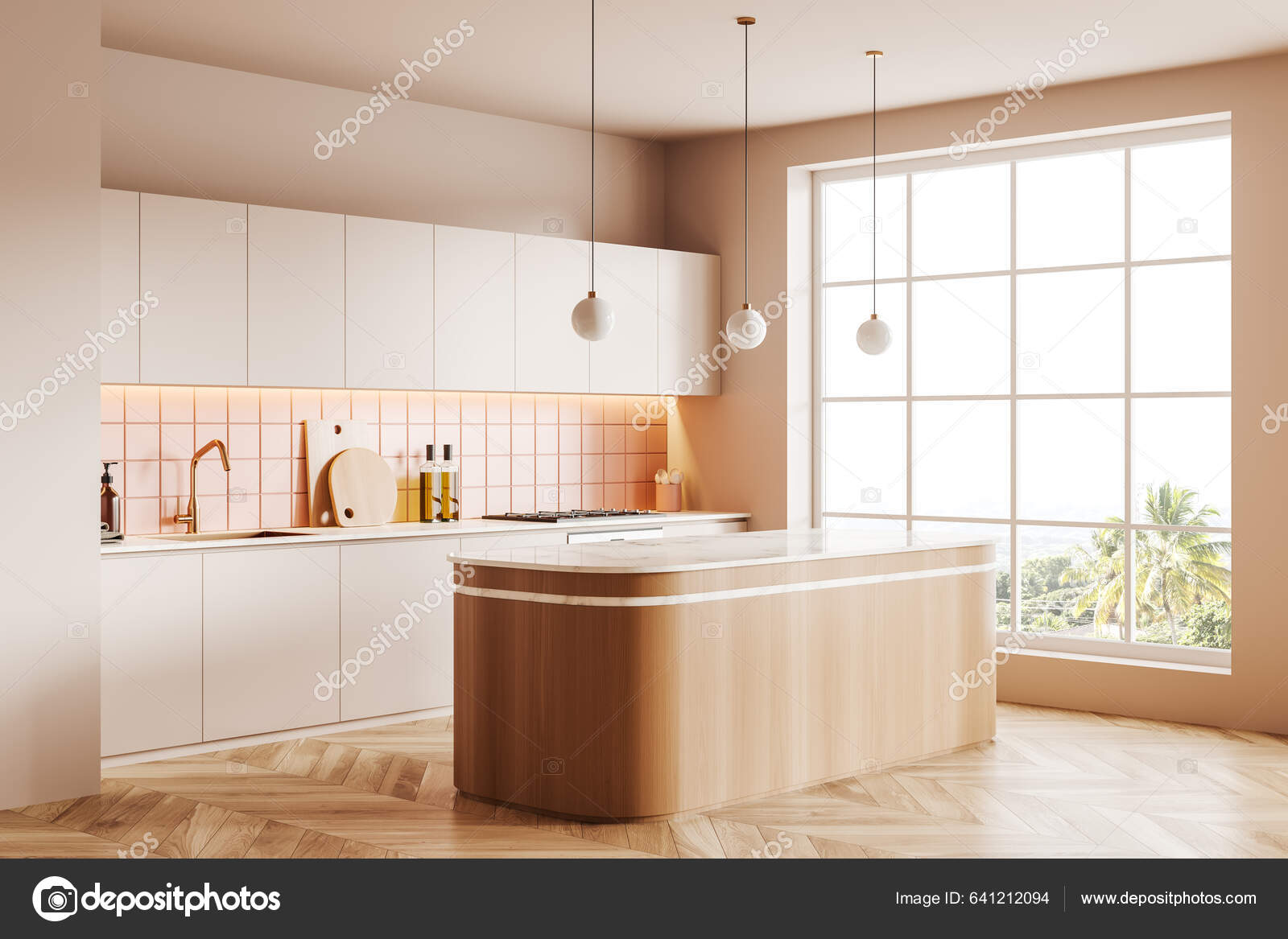 Corner View Bright Kitchen Room Interior Panoramic Window Island ...