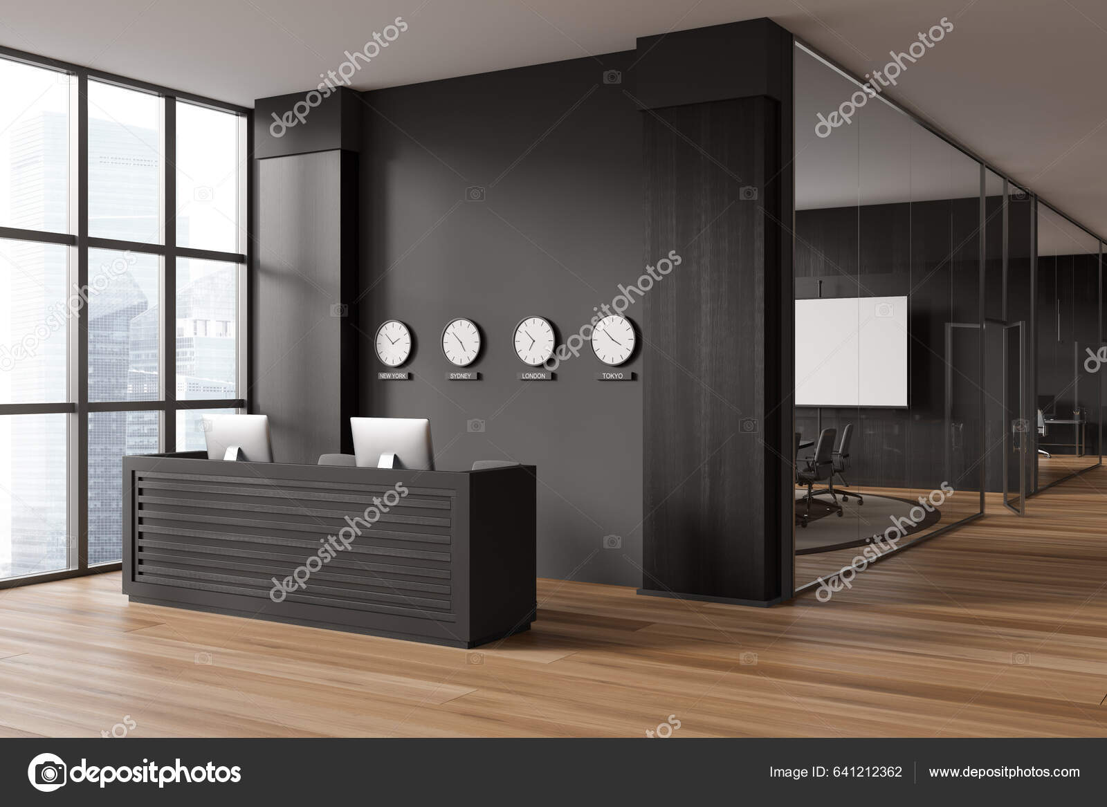 Dark Business Room Interior Reception Desk Computer Side View Mock ...