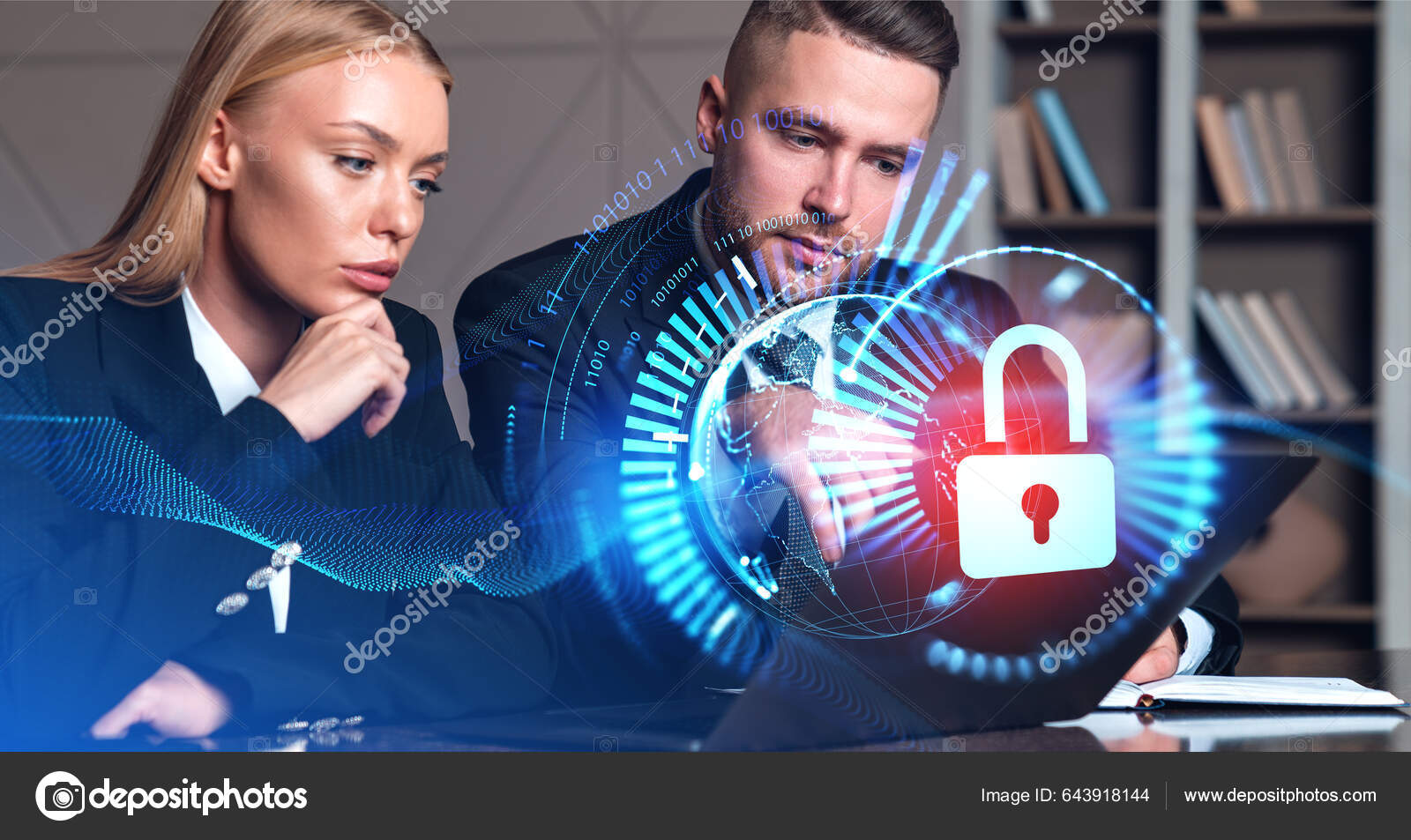 Two Business People Working Together Laptop Global Internet Security ...