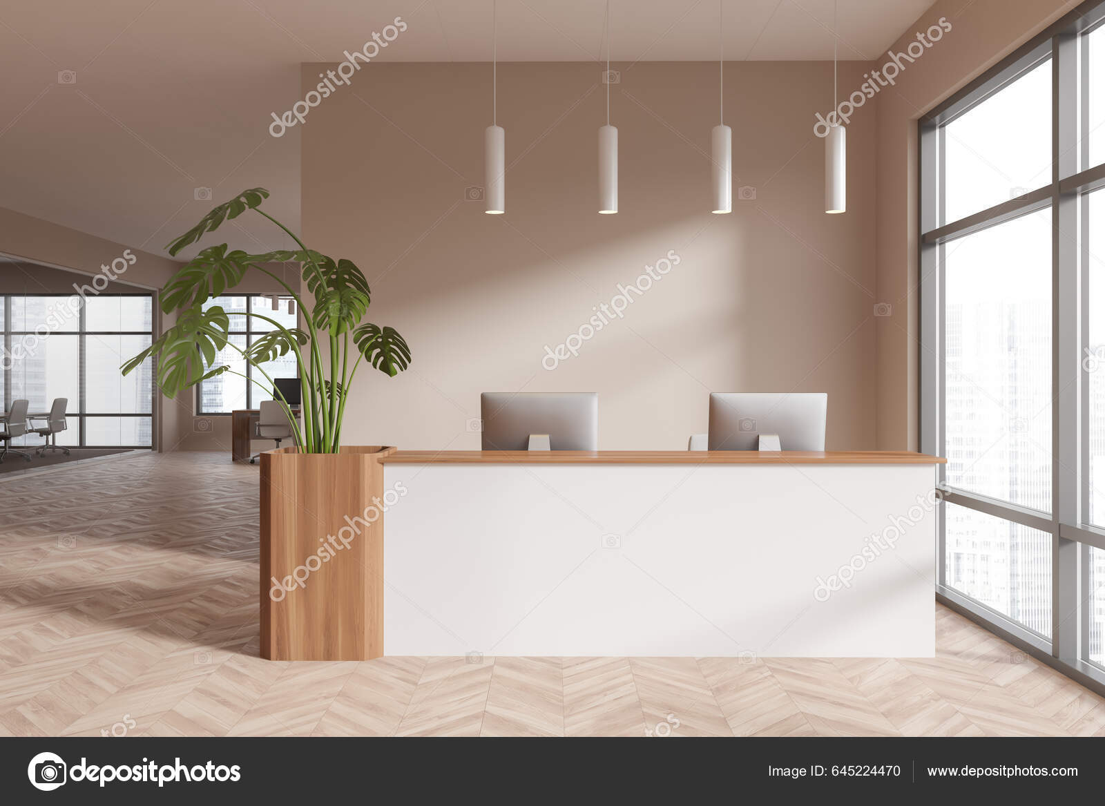 Beige Office Room Interior Reception Desk Computers Coworking ...
