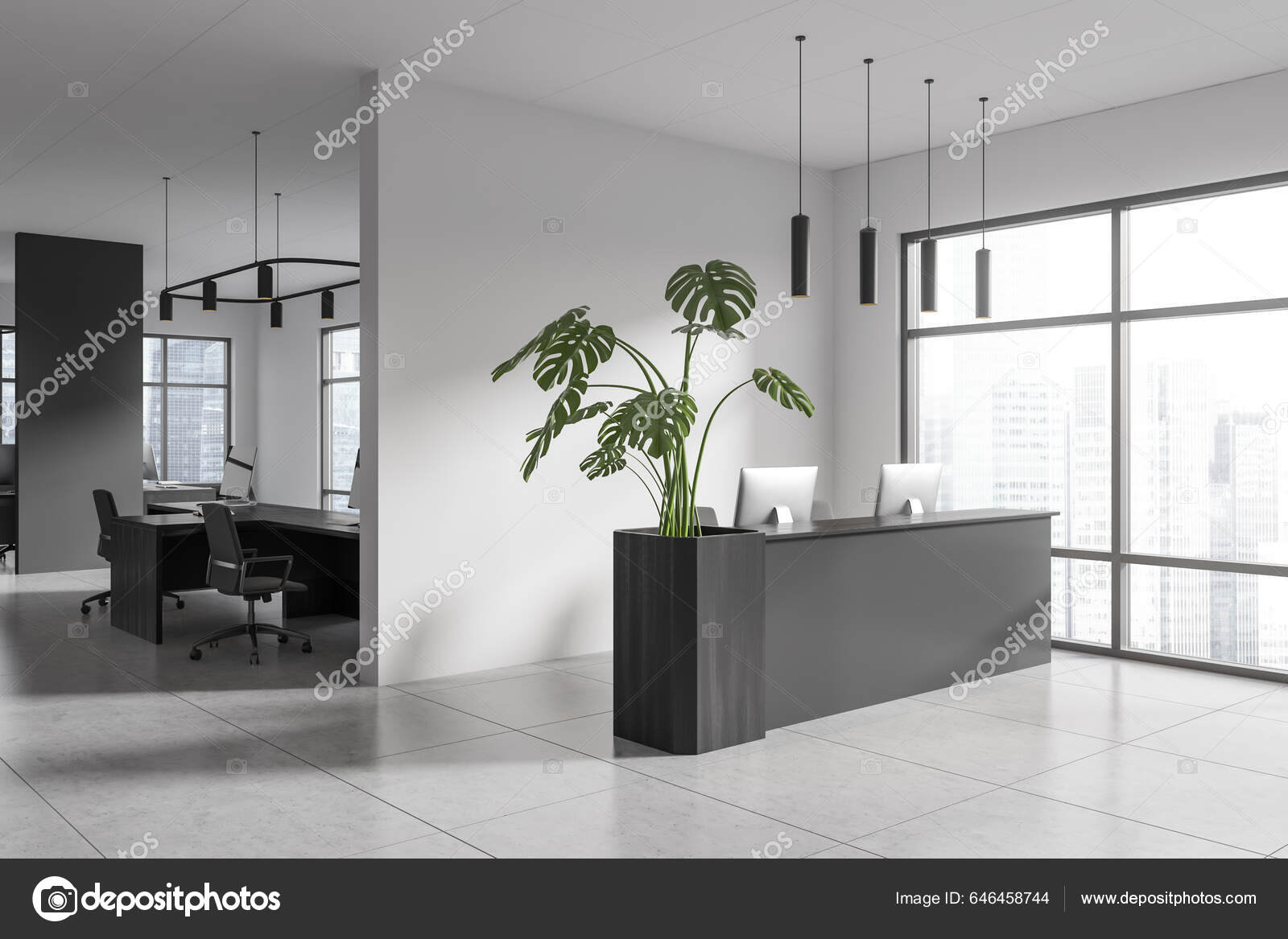 Recepción Madera Gris Oscura Pie Una Elegante Oficina Con Paredes ...