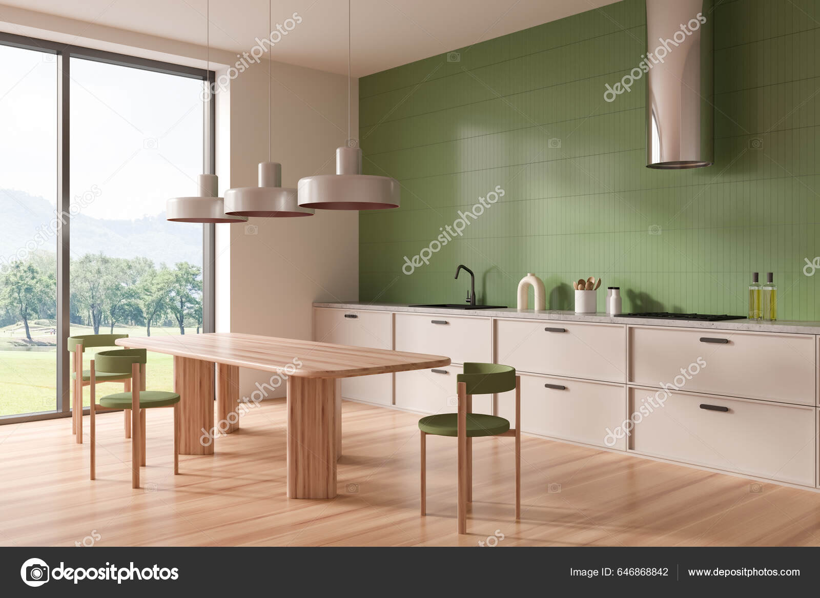 Light Kitchen Interior Chairs Dining Table Hardwood Floor Side View ...
